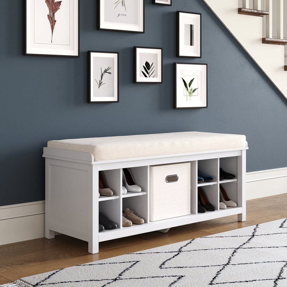 olid Wood Shoe Storage Bench | 8-Slot Dual Divider & Bin
