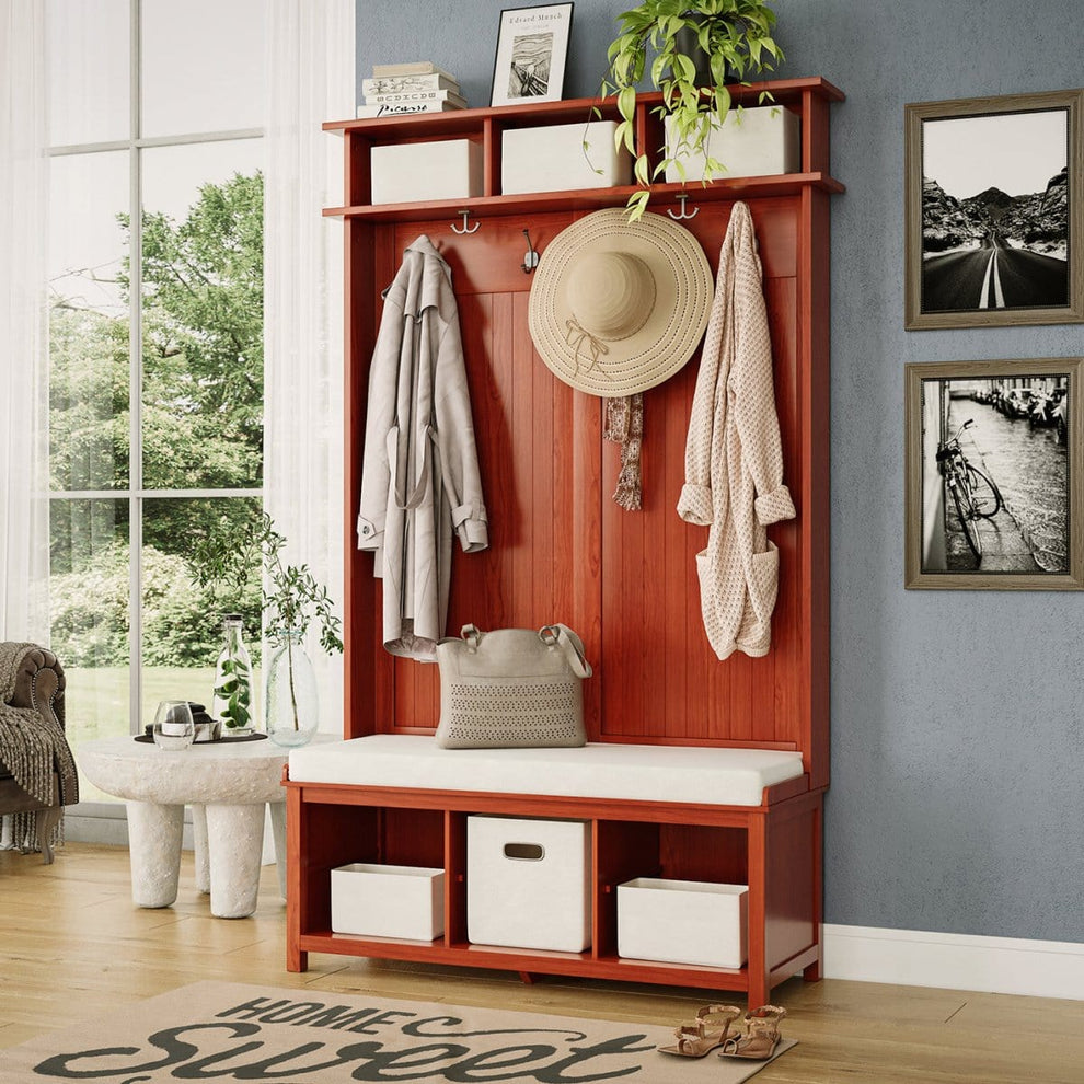 Solid Wood Hall Tree Entryway Bench: 1 Bin & 2 Shoe Dividers