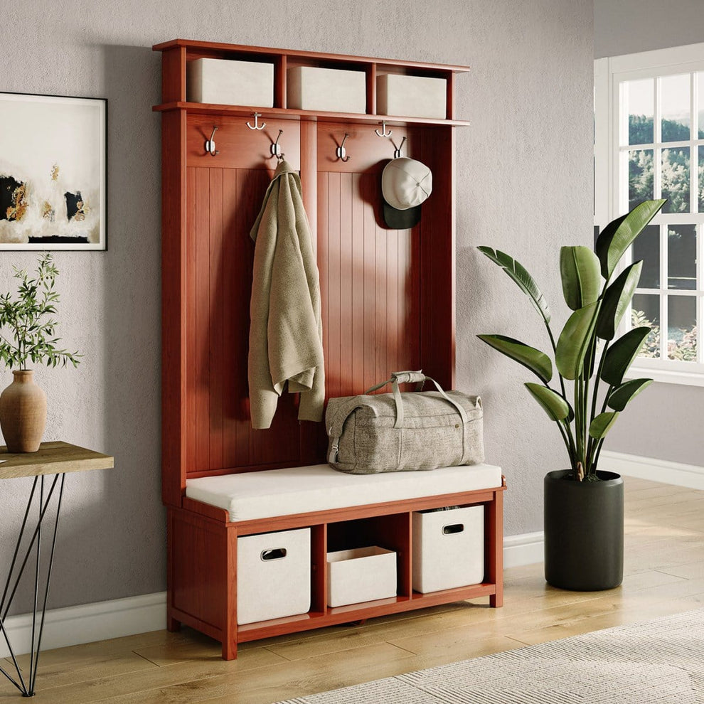 Wood Hall Tree Entryway Bench - 2 Bins & 1 Shoe Divider